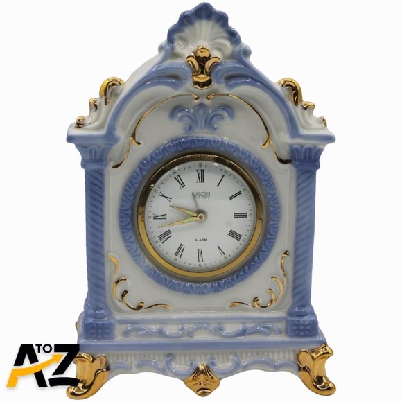 Other | Vtg Landex Royal Craft Blue White Porcelain Alarm Clock Gold ...